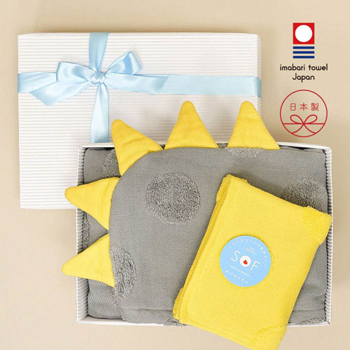 Ooyii 日本製【kontex】今治SOF系列連帽浴巾/毛巾禮盒-恐龍款(連帽浴巾(灰)+方毛巾(黃)) - GiftU 禮尚網